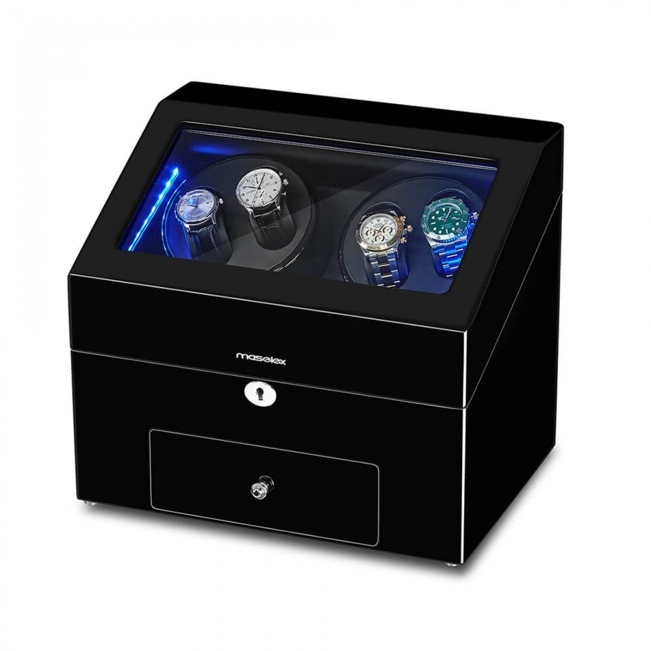 Black Auto Watch Winder Case, Built-in Blue LED Illuminated | JQUEEN