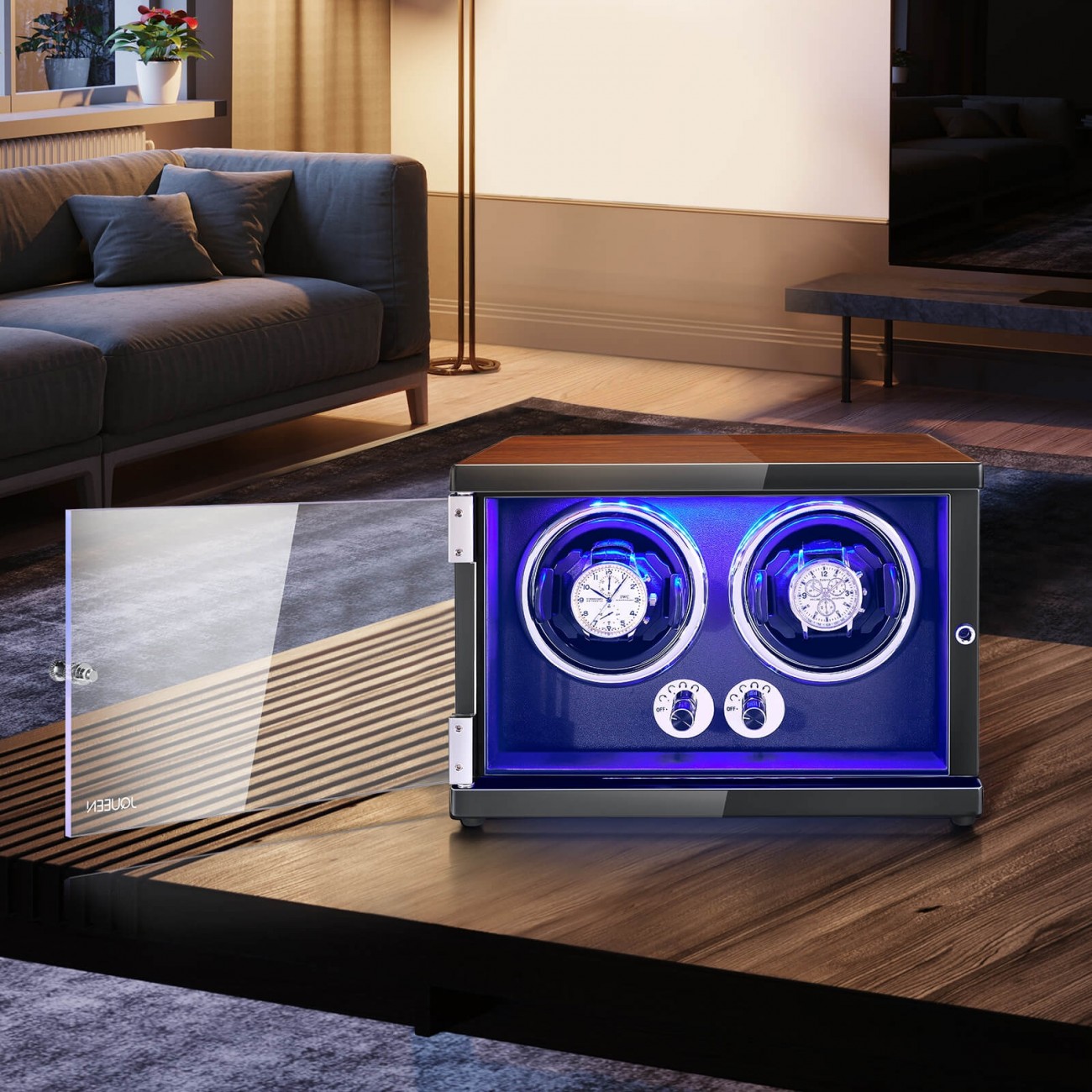 JQUEEN Double Watch Winder for Automatic Watches, Walnut Paint LED ...