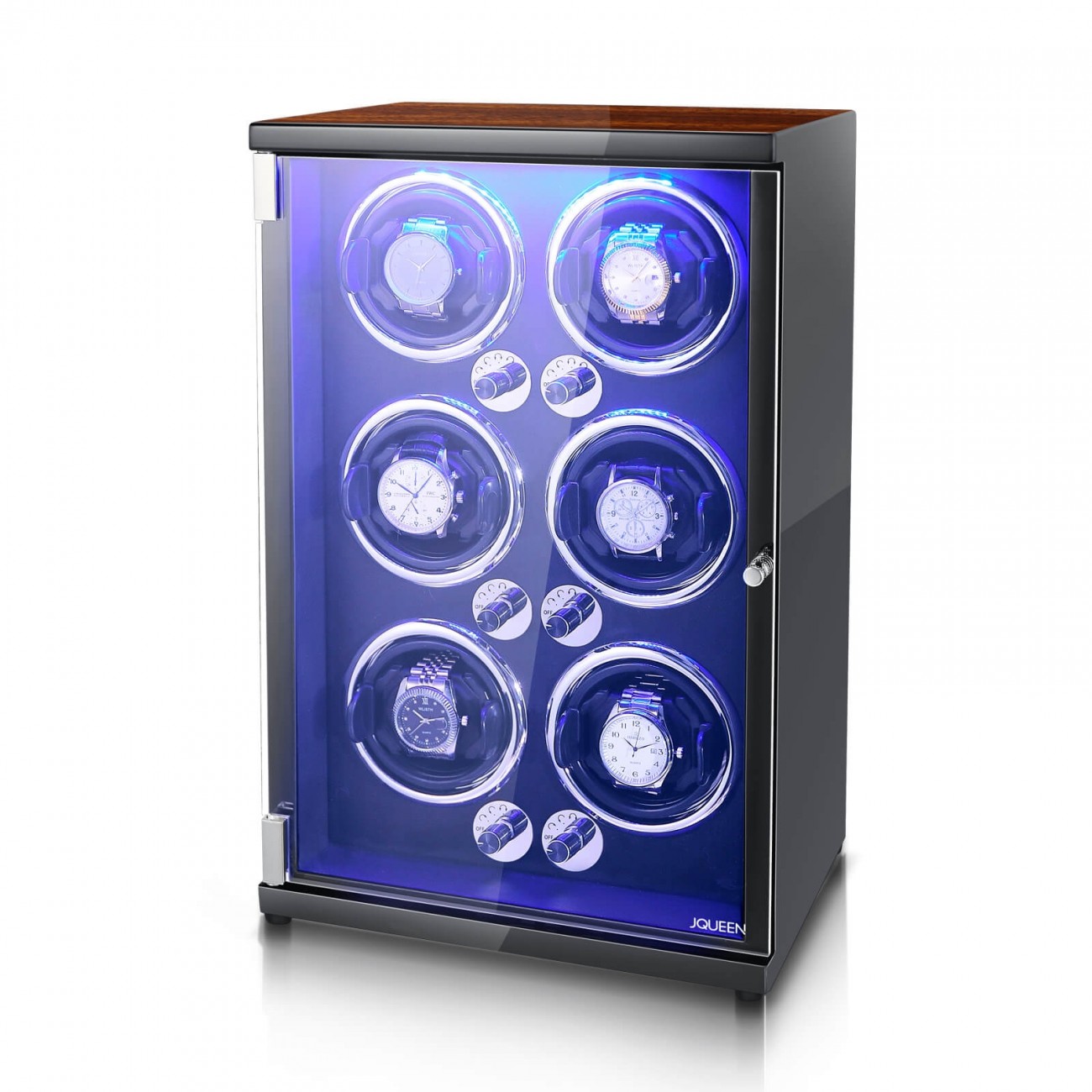 JQUEEN 6 Piece Watch Winder for Automatic Watches, Walnut Paint LED ...