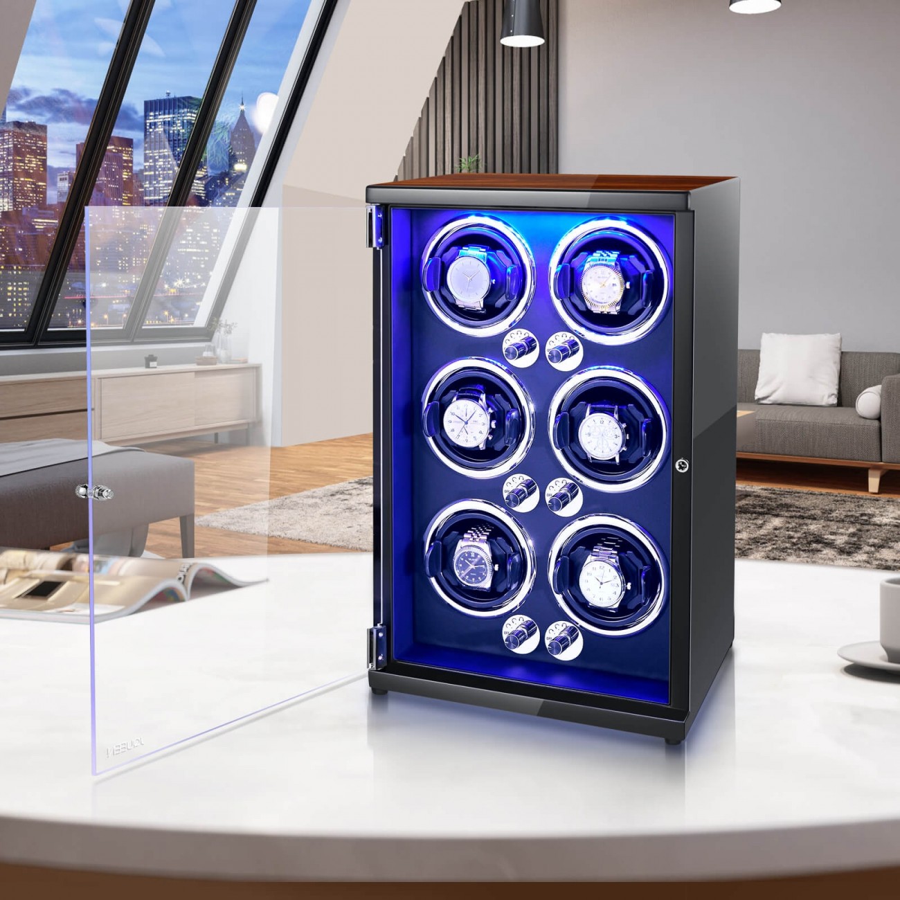 JQUEEN 6 Piece Watch Winder for Automatic Watches, Walnut Paint LED ...