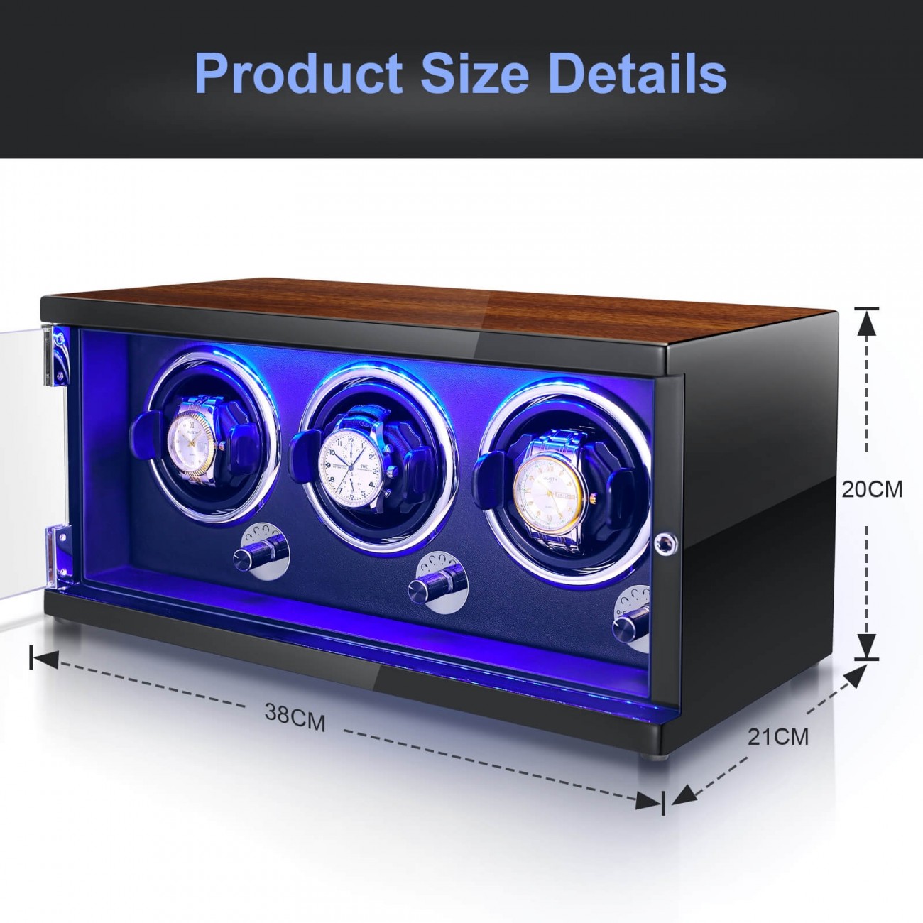 JQUEEN 3 Watch Winder for Automatic Watches, Walnut Paint LED Watch Winder with Quiet Japanese ...